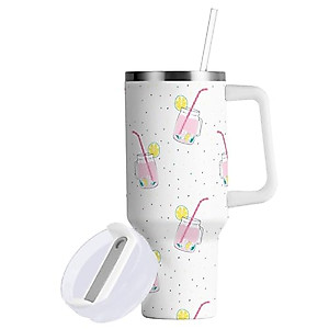 DIGTIA Stainless Steel Insulated Tumbler w/Handle & Straw, Cocktail Lemon Double Wall Vacuum Travel Coffee Mug Cup w/Lid, Leak-Proof Sports Pink Water Bottle,30oz