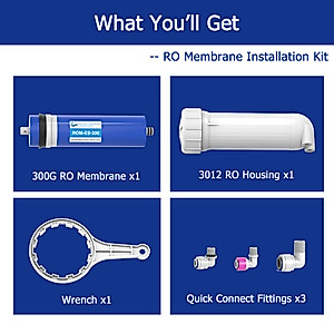 300 GPD RO Membrane Filter Replacement with Reverse Osmosis Membrane Housing, Wrench, 1/4" Quick-Connect Fitting, Check Valve, Fit Under Sink RO Home Drinking Water Filter Filtration Purifier System