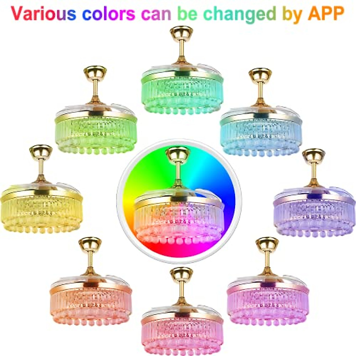 FINE MAKER 42" Ceiling Fan with Bluetooth Speaker,7 LED Colors Reversible 6 Fan Speeds Remote Control, Crystal Chandelier Ceiling Fan,Retractable Blades Fandelier Lighting Fixture fan for bedroom Gold