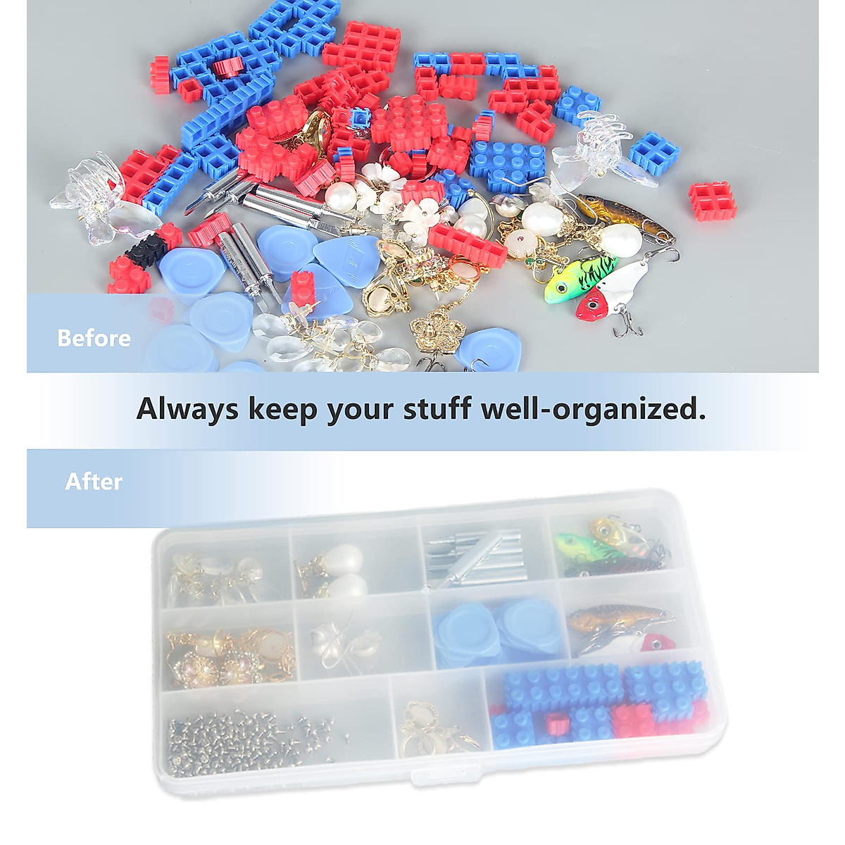 CAZCAL 11 Grids Clear Plastic Organizer Box Container Craft Storage Suitable for Beads Organizer Art DIY Crafts Jewelry Fishing Tools Rock Collection Kite String with 1 Sheet Label Sticker