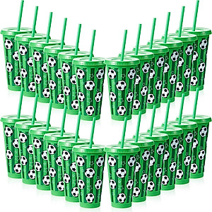 Uiifan 12 Pcs Plastic Soccer Cups 24 oz Reusable Soccer Tumbler with Lid and Straw Soccer Gifts for Coach Boyfriend Soccer Fan Men Women Soccer Party Favors Sports Themed Party Decorations