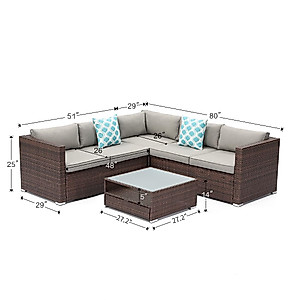 COSIEST 4-Piece Outdoor Furniture Set All-Weather Brown Wicker Sectional Sofa w Warm Gray Thick Cushions, Glass Coffee Table, 2 Teal Pattern Pillows