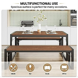SHA CERLIN 3-Piece Dining Table Set with 2 Benches, Rustic Kitchen Table Set for 4-6, Space-Saving Dinette, Sturdy Structure, Easy Assemble, Walnut/Black