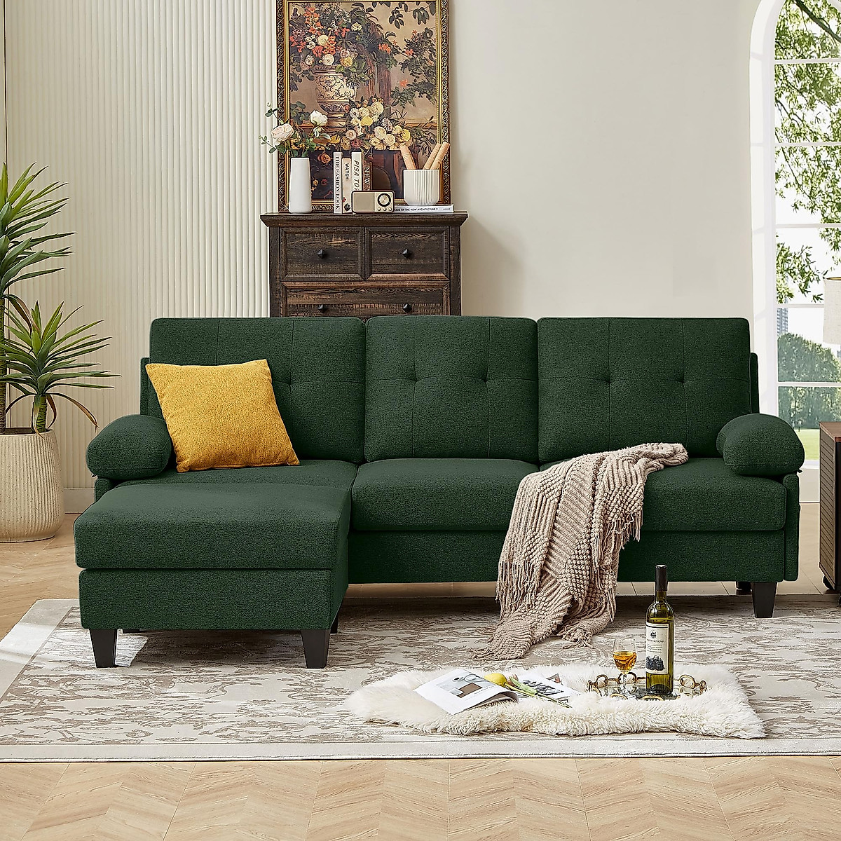 Soscana 86" Convertible Sectional Sofa Couch, Polyster Fibre L Shaped Couch with Reversible Chaise, Deep Seat Cushion, 3 Seater Sofa for Living Room,Apartment and Small Space, Green
