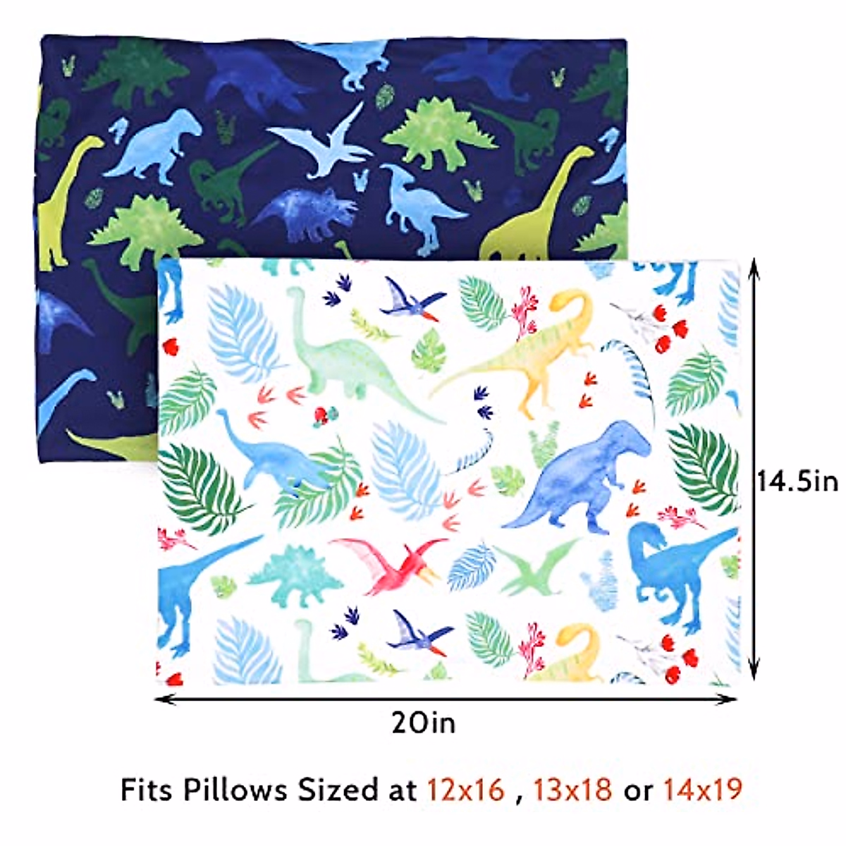 Toddler Pillowcase, Kids Pillow Cover for Sleeping, 2 Pack Dinosaur Set Fit Pillow Sized 13"x 18" Or 14"x19", 100% Silky Soft Microfiber, Envelope Closure, Baby Travel Pillowcase for Boys Girls