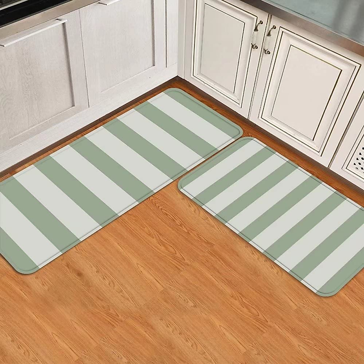 Sage Green Striped Kitchen Rug Set 2 Pieces Modern Comfort Standing Floor Mats Absorbent Washable Doormat Anti Fatigue Non-Slip Chef Sink Runner Rugs Soft Area Carpet For Bedroom Living Room