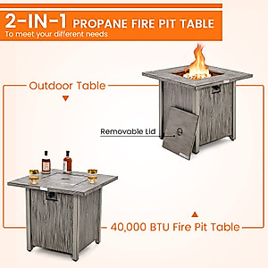 HAPPYGRILL 28” Propane Fire Pit Table, 40,000 BTU Outdoor Propane Gas Fire Table with Wood-Like Tabletop, Lid and Lava Rocks, Square Auto-Ignition Propane Firepit with PVC Cover