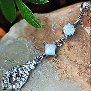 Amelia Fashion 14GA Opal & Aurora Teardrop Externally Threaded Belly Button Ring Dangle Belly Button/Navel Ring Double Jeweled 316L Surgical Steel (Aurora Borealis)