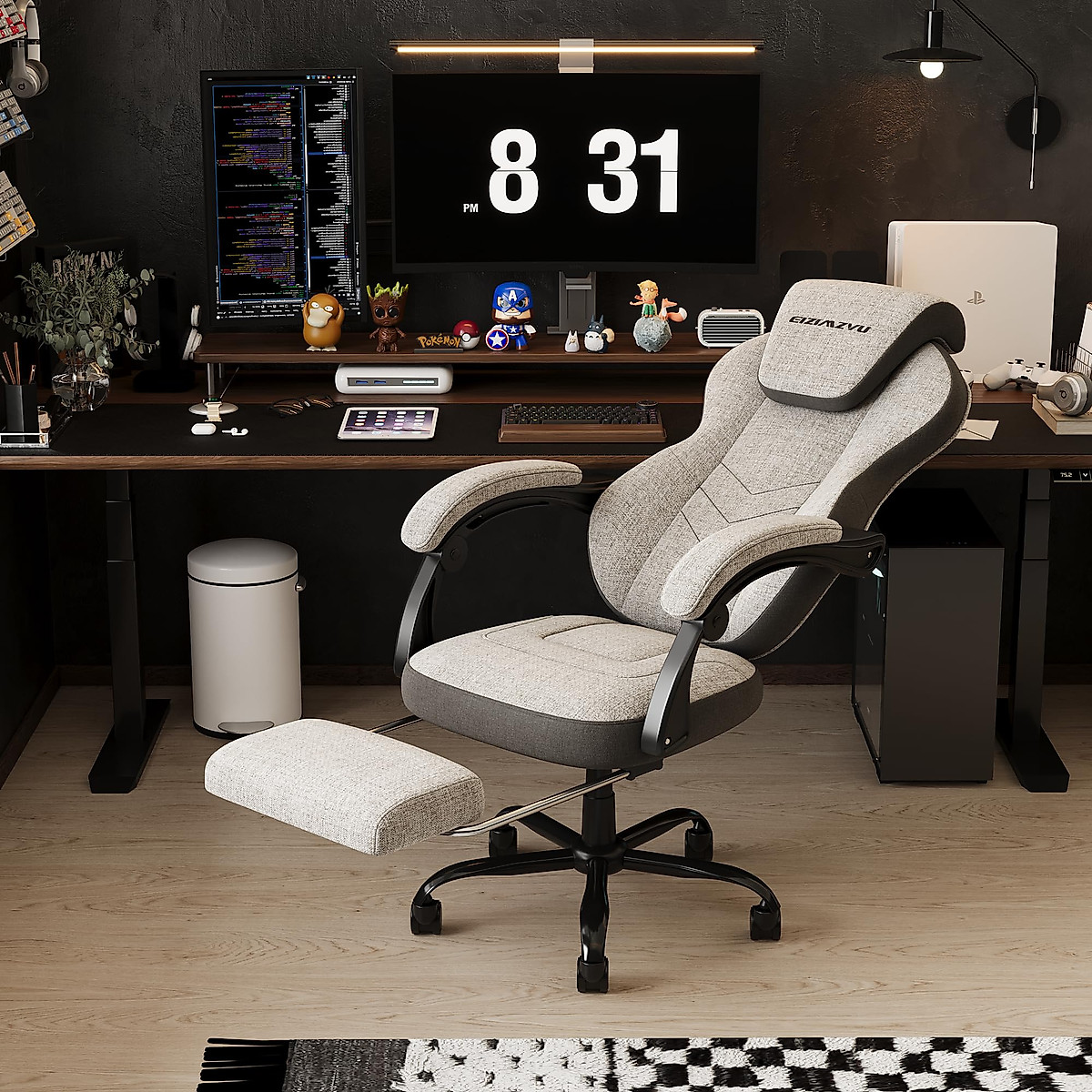 EIZIMZVU Ergonomic Office Chair with Adjustable Headrest and Footrest, High Back Computer Desk Chair with Linkage Armrests, Reclining Swivel Chair for Home Office, Executive Office Chair (Grey)