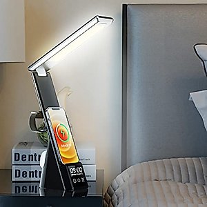 EzTechNest Desk Lamp – 3-in-1 Led Lamp with Built-in Wireless Phone Charger – Smart Desk Lamps for Home Office with Clock and Alarm Display – Dimmable Desk Lamp with Foldable Design