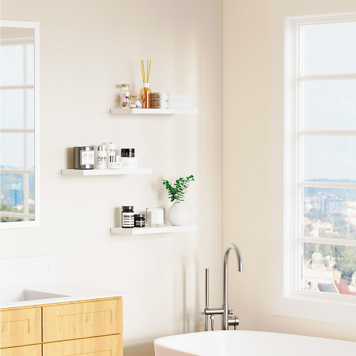 oridom Floating Shelves for Wall, White Wood Wall Shelf Set of 3, 16" Wall Mounted Floating Shelf for Kitchen, Living Room, Bedroom, Bathroom Storage, Book Shelf for Wall Home Decor, Frame Display