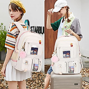 Laptop Backpacks 16 Inch School Bag College Backpack Large Travel Daypack Kawaii Bookbags for Teens Girls Women Students (Off-white)