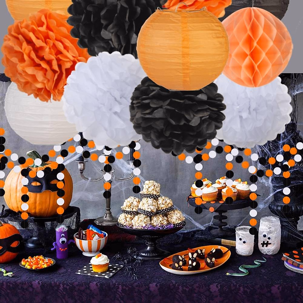 Black White Orange Halloween Party-Decorations, Tissue Pom Poms, Lanterns, Honeycomb Ball, Circle Dots Garlands, Graduation 2024 Birthday Wedding Baby Bridal Shower Decor Bunting Lasting Surprise