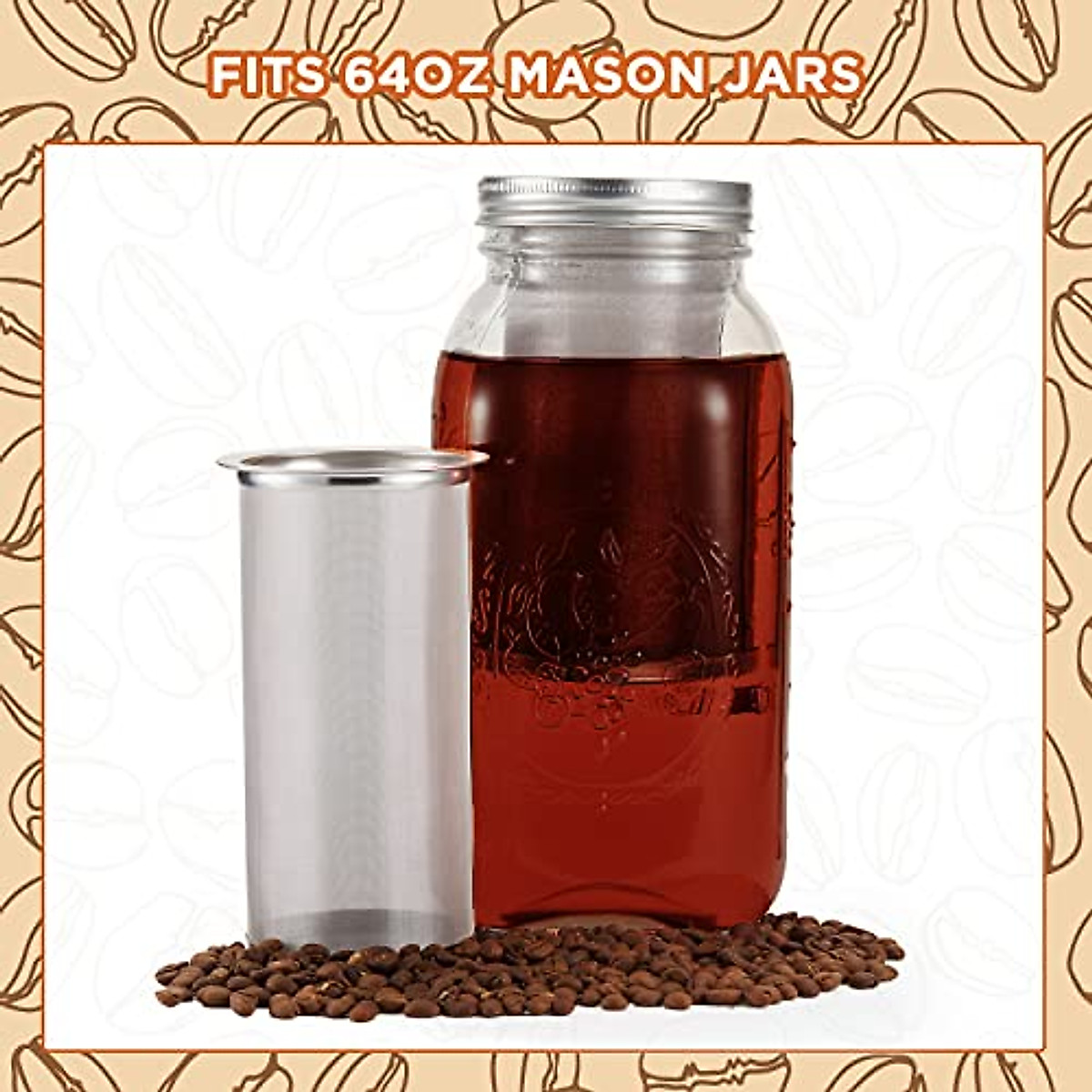 2 Pcs Cold Brew Coffee Filter 2 Quart Coffee Tea Infuser Stainless Steel Mesh Filter Mason Canning Jar Coffee Filter Reusable Mesh Coffee Filter for Wide Mouth Mason Canning Jar and Iced Tea Maker
