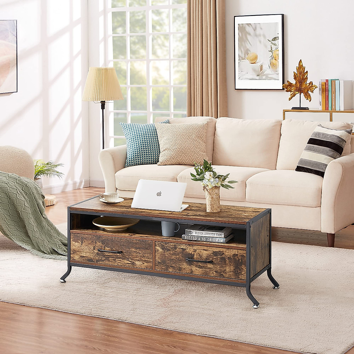 VECELO TV Stand for 55 Inch Industrial Entertainment Center Media Console Table with Storage Drawers for Living Room, 47.2 Inch, Brown