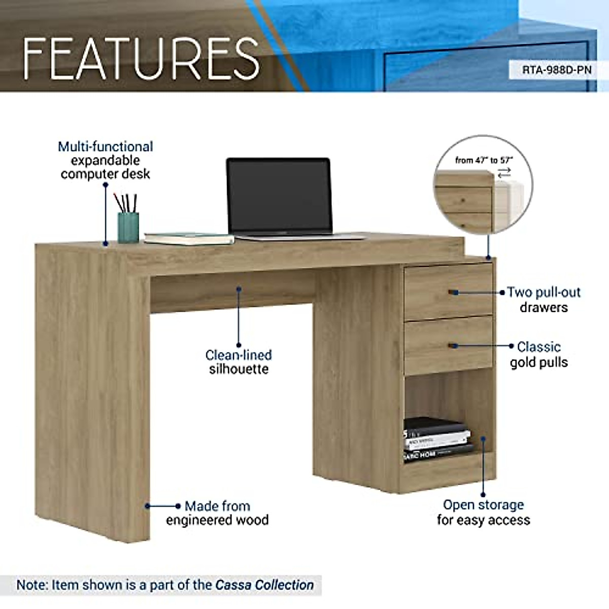 Techni Mobili Expandable Desk with Storage Drawers & Open Shelf - Expands from 47 Inch to 57 Inch - Pine Computer Desk with Printer Space - Modern Home Office Table with Drawers Blanco Collection
