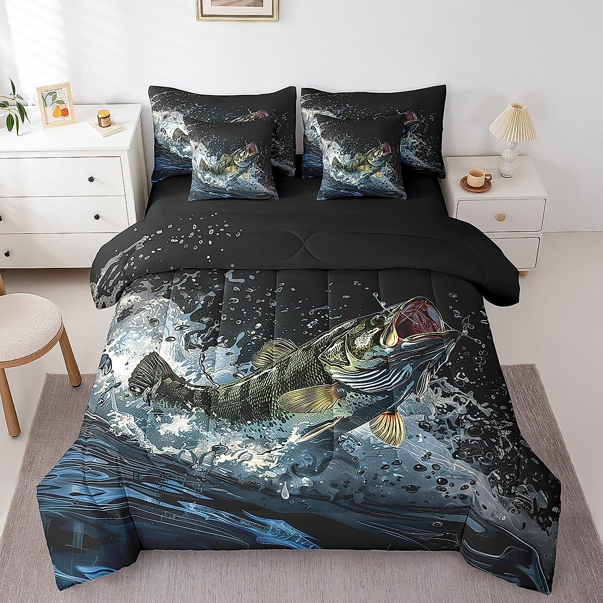 Feelyou Big Pike Fish Comforter Set with Sheets Bass Big Fish Hunting and Fishing Themed 7 Piece Bedding Set for Kids Boys Girls Black Underwater Animals Bed in a Bag for Independence Day Queen Size