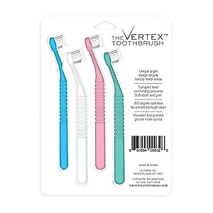 Vertex Toothbrushes, Unique Dental Tool-Inspired Design, Pink/White/Blue/Green, 4 Count