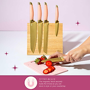 Paris Hilton Knife Block Set with Magnetic Wooden Knife Block, High Carbon Stainless Steel Blades with Titanium Coating, Sleek Comfortable Grip Handles, 6-Piece Set, Pink and Gold