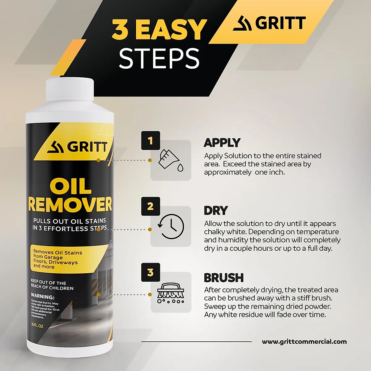 GRITT COMMERCIAL Concrete Oil Stain Remover | All Purpose Concentrated Cleaner for Oil, Grease, and Rust | Removes Stains from Concrete and Asphalt Driveways, Garages, and Patios 16oz