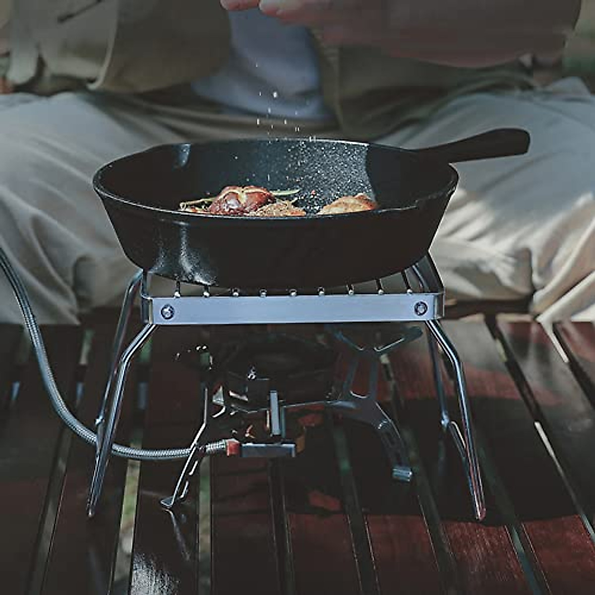 Outdoor Camping Portable Folding Burner Stove Stand Bracket, Folding Campfire Grill, Stainless Steel Cooking Grate with Adjustable Legs, BBQ Grill Holder for Camping Hiking Backpacking Striped