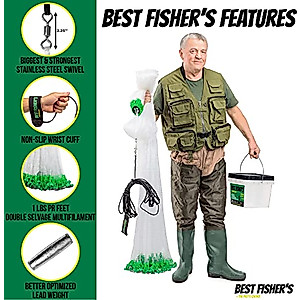 American Pro Cast Net (6-ft) - 4ft/6ft/8ft/10ft/12ft - 3/8" Mesh - Real Lead 1-lbs/ft Double Line - 2024 Upgraded & Optimized - Old Salt Premium Cast Nets for Fishing- E-Book & Utility Box Included