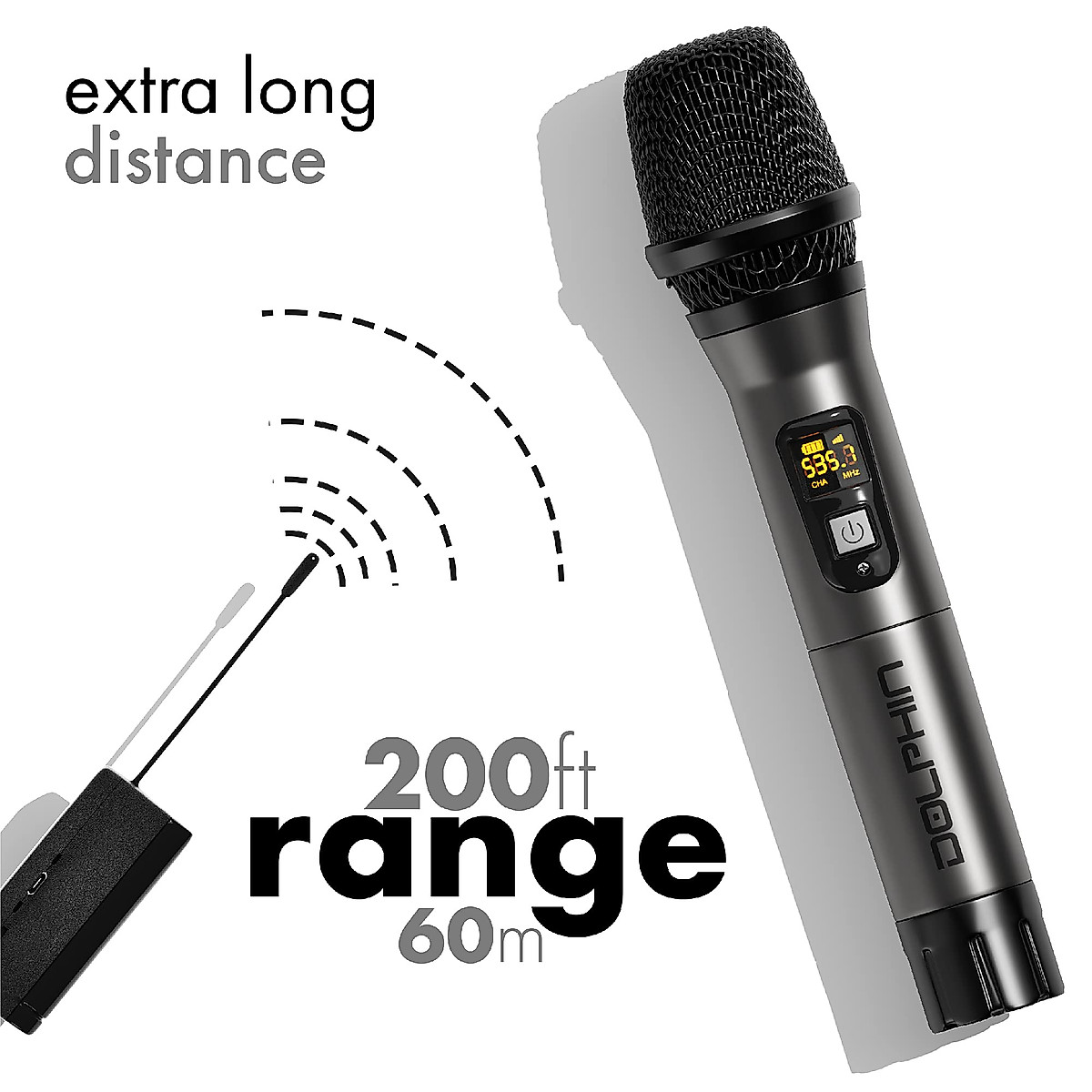 Wireless Microphone by Dolphin, MCX10 Portable Handheld Cordless Karaoke Microphone for Speakers with Transmitter, Silicon Ring, and Batteries