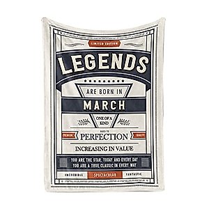 InnoBeta Birthday Gifts for Men, Novelty Personalized Men Birthday Gift Ideas Legends are Born in March - Gifts for Him, Dad, Husband, Brother - Flannel Throw Blanket, White & Blue, 50"x 65"