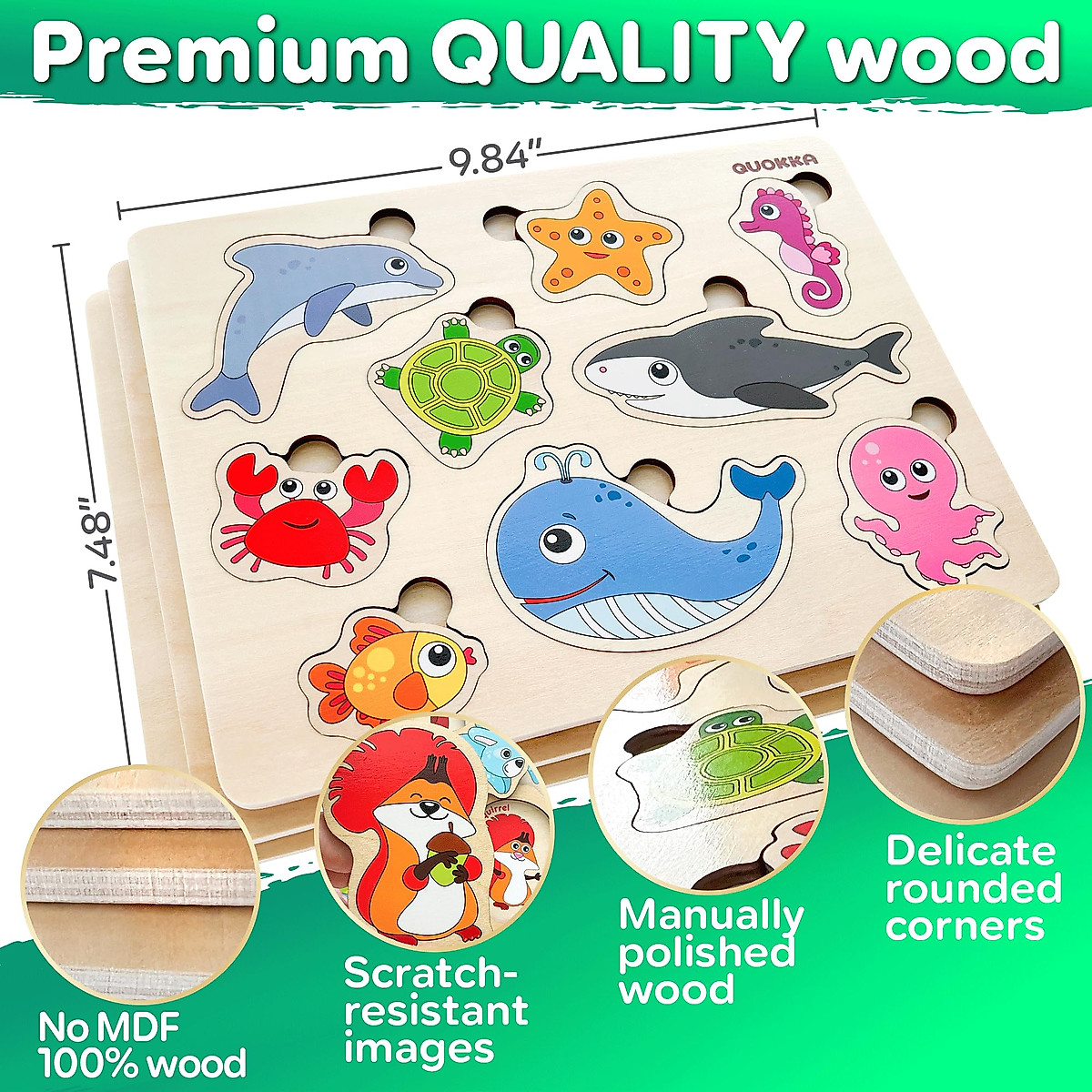QUOKKA Wooden Puzzles for Toddlers Ages 1-3-5 – Animal Peg Puzzles for Kids 2-4 Years Old – Set of 3 Wood Learning Travel Toys for Children – Gift Educational Game for Boys and Girls