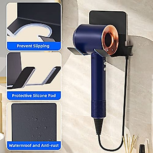 Hair Dryer Holder Wall Mounted - Self Adhesive Blow Dryer Holder Rack Punch Free Hair Dryer Stand Bathroom Hair Tool Organizer Wall Mount Compatible with Most Hair Dryers Black UEMUSI