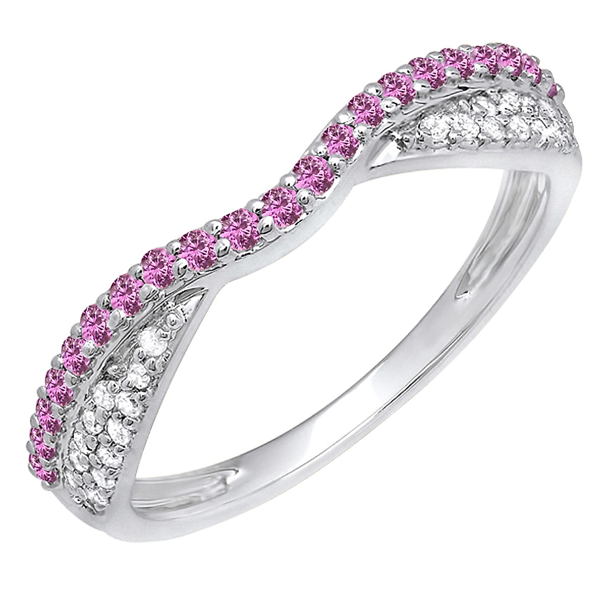 Dazzlingrock Collection 14K Round Pink Sapphire & White Diamond Stackable Wedding Band for Women, White Gold, Size 5