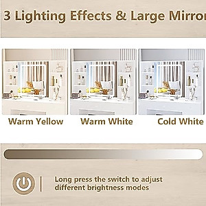 IRONCK Vanity Desk with LED Sliding Mirror & Power Outlet, Large Bedroom Makeup Table with Drawers & Cabinet & Storage Shelves & Stool, White