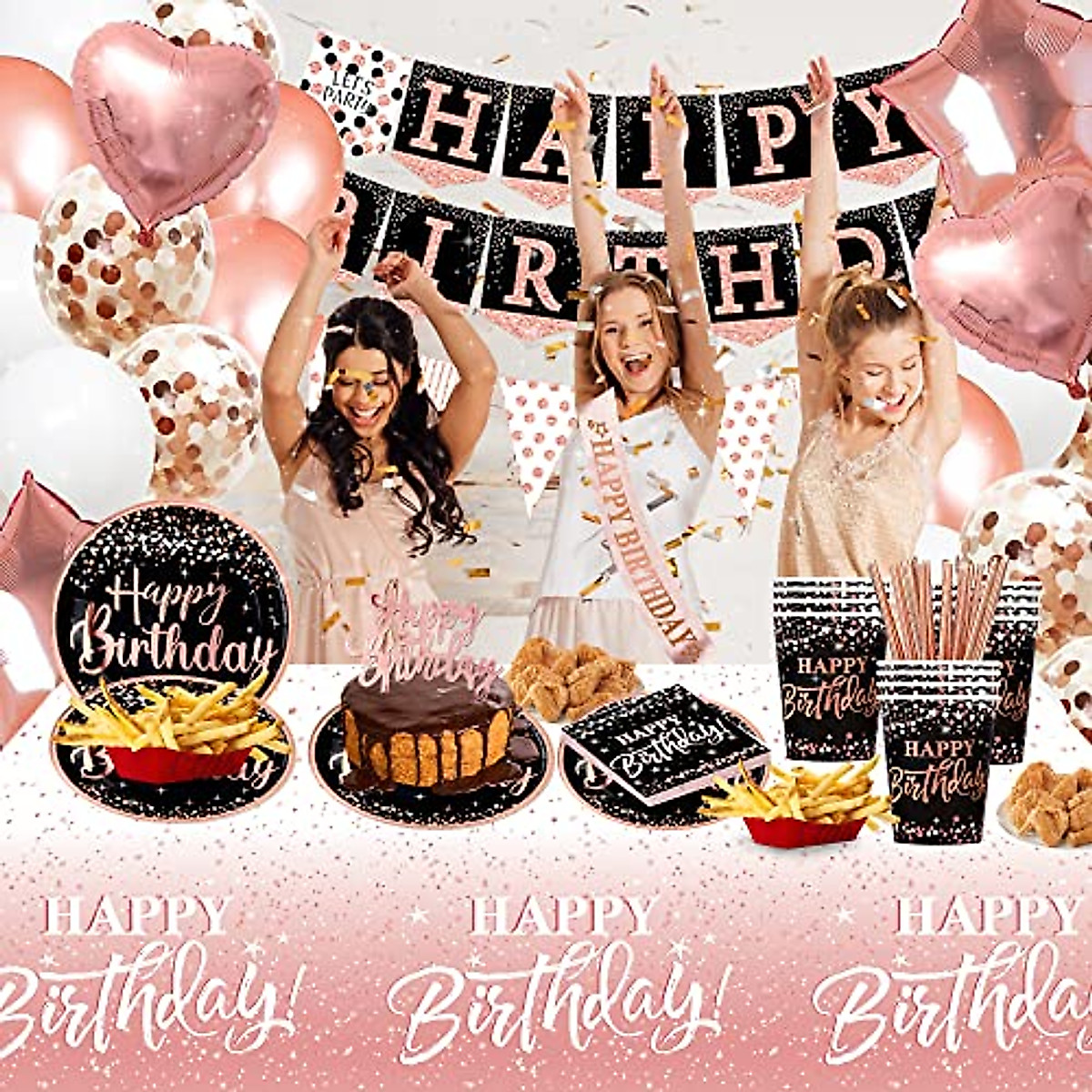 birthday decorations for women rose gold - (Total 170pcs) happy birthday Supplies for women, Balloons,tablecloth,Foil Backdrops,Plates,Cups,Photo Props,Sash,Tableware for 24 Guests