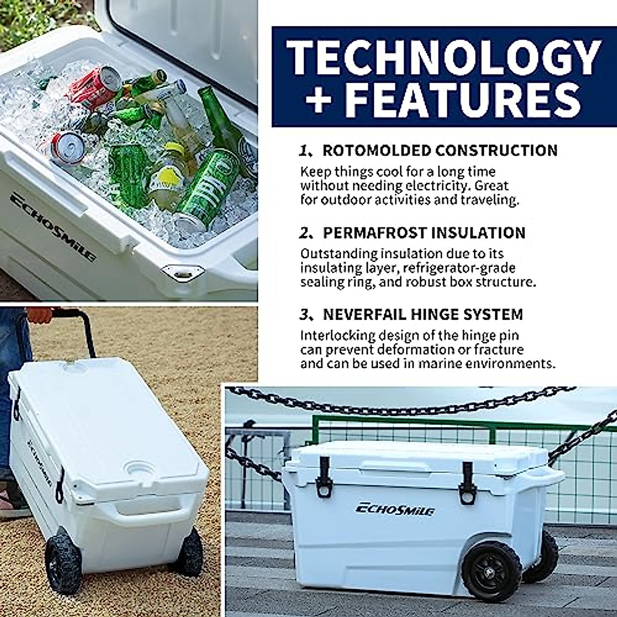 EchoSmile 25/30/35/40/75 Quart Rotomolded Cooler, 5 Days Protale Ice Cooler, Ice Chest Suit for BBQ, Camping, Pincnic, and Other Outdoor Activities (White)