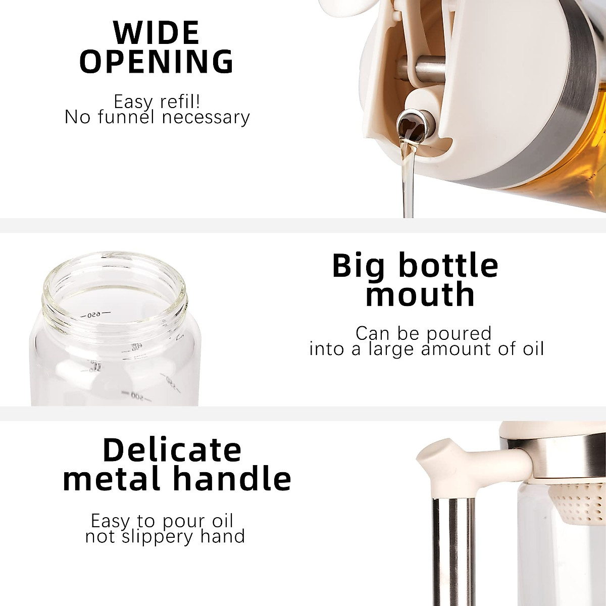 IZEJAZT Glass Oil Jug Set (15oz, 18oz, 21oz),Olive Oil Dispenser Bottle, Easy To Oil And Vinegar Dispenser Set, Cooking Oil Bottle For Kitchen Easy To Use For Outdoor BBQ Dispenser (WHITE)