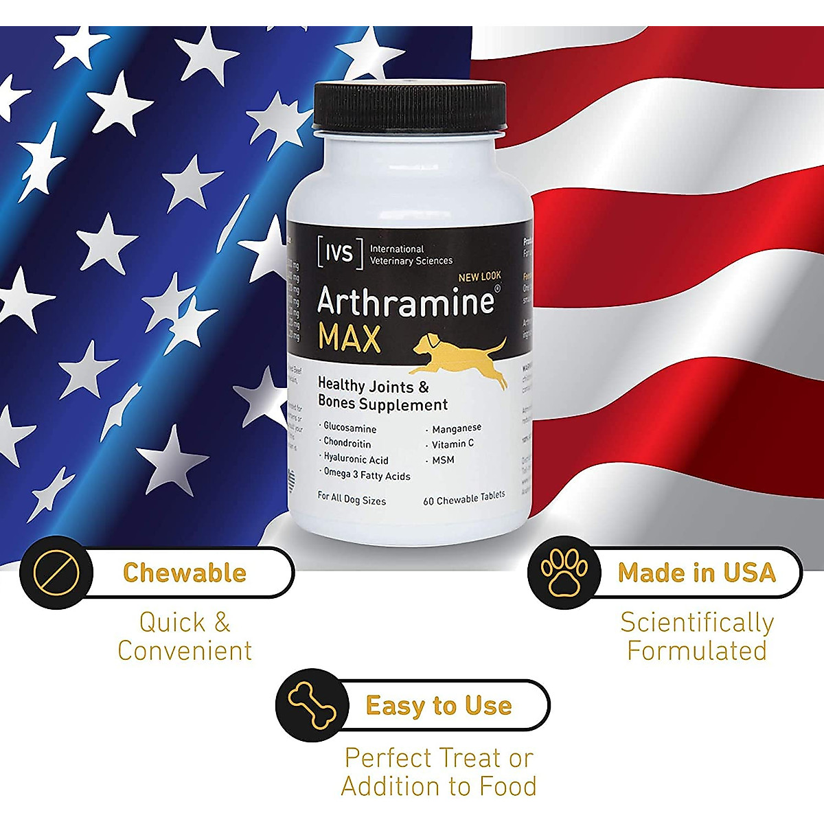 International Veterinary Sciences IVS Arthramine MAX Healthy Joints Glucosamine Supplement for Dogs with Fish Oil, Hyaluronic Acid, MSM, and Vitamin C, Made in the USA, 60 Count