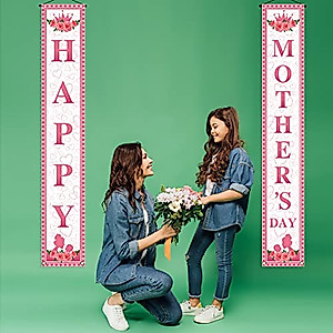 Vohado Happy Mother's Day Porch Banner Mothers Day Welcome Porch Sign Pink Heart Wall Hanging Banner Spring Gathering Party Porch Sign Front Door Holiday Party Decor