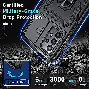 Janmitta for Samsung Galaxy A23 5G/4G Case Built in Slide Camera Lens Cover+Screen Protector,Heavy Duty Shockproof Full Body Protective Cover,Built in Finger Ring Stable Holder Kickstand,2022 Black