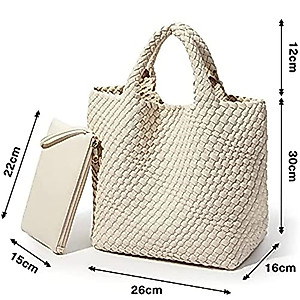 HDHTB Woven Tote Bag, Women Macaron Soft Leather Weave Handbag Purse Wrist Bag Large Capacity Work Shopping Travel Daily (Beige)