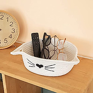 Small Woven Basket Cotton Rope Basket with Cat Ears Little Storage Baskets for Organizing Bins Organizer Wicker Nursery Room for Kids Baby Dog Toy Drawer Gifts 9.5"x8.5"x4", White