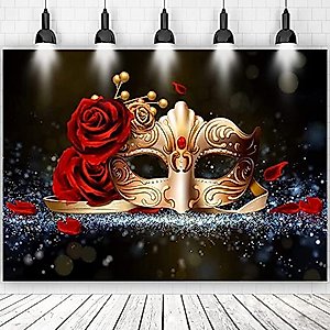 Masquerade Party Backdrops Golden Mask Red Rose Backdrop for Fiesta Mardi Gras Event Dance Photo Background Birthday Studio Photo Video Shoot Props (Vinyl-7x5ft)