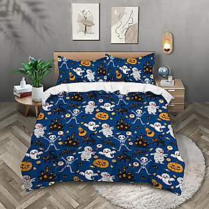 Halloween Comforter Sets Pumpkin Bat Cobweb Pattern Bedding Set Plaid Duvet Cover Soft Microfiber Halloween Theme Comforter Cover with 2 Pillowcase and 1 Comforter (Halloween2,Twin66”X90“)