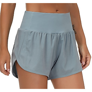 THE GYM PEOPLE Womens High Waisted Running Shorts Quick Dry Athletic Workout Shorts with Mesh Liner Zipper Pockets (Denim Blue, Large)