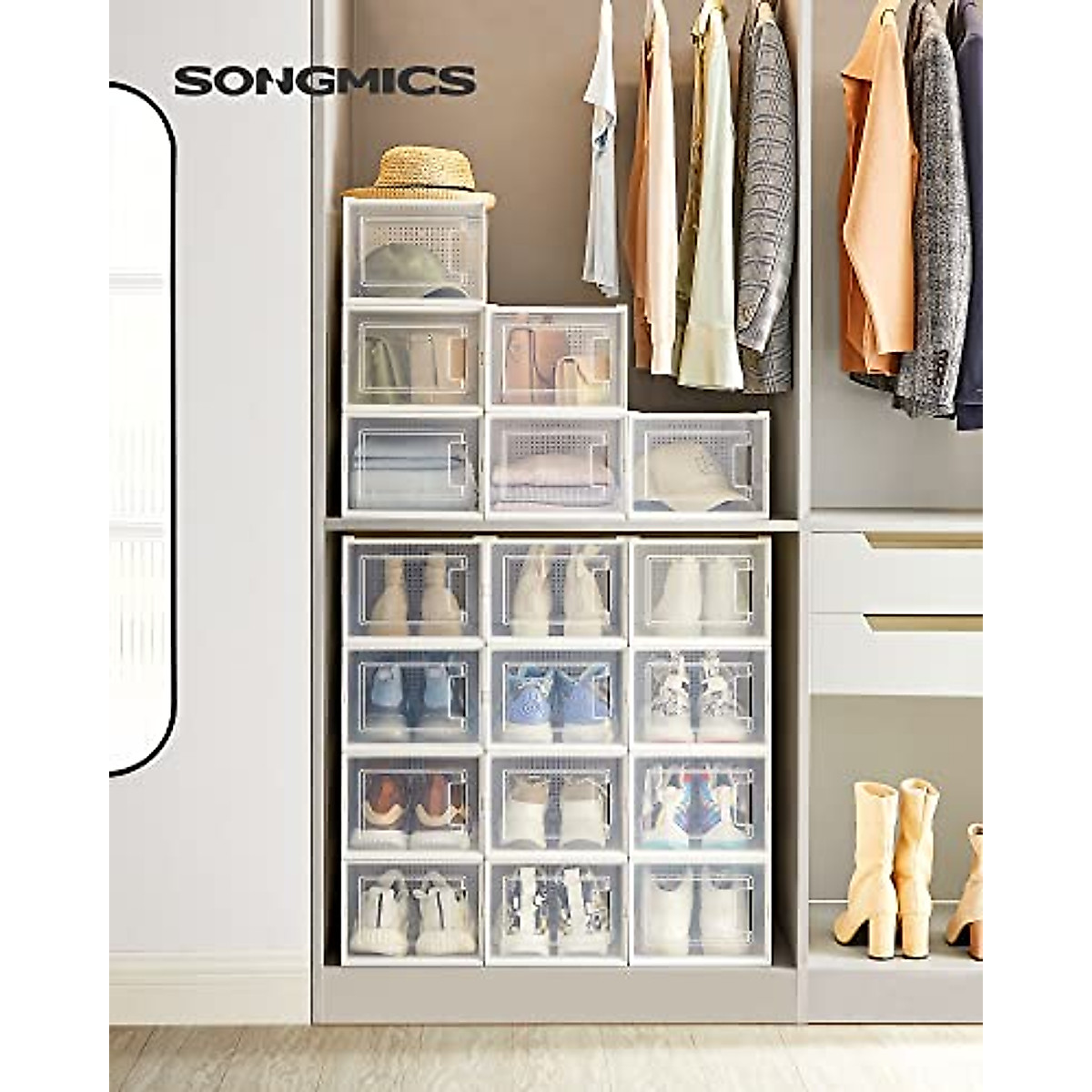 SONGMICS Shoe Boxes, Set of 18 Shoe Storage Organizers, Stackable and Foldable for Sneakers, Fit up to US Size 13, Transparent and White ULSP18MWT