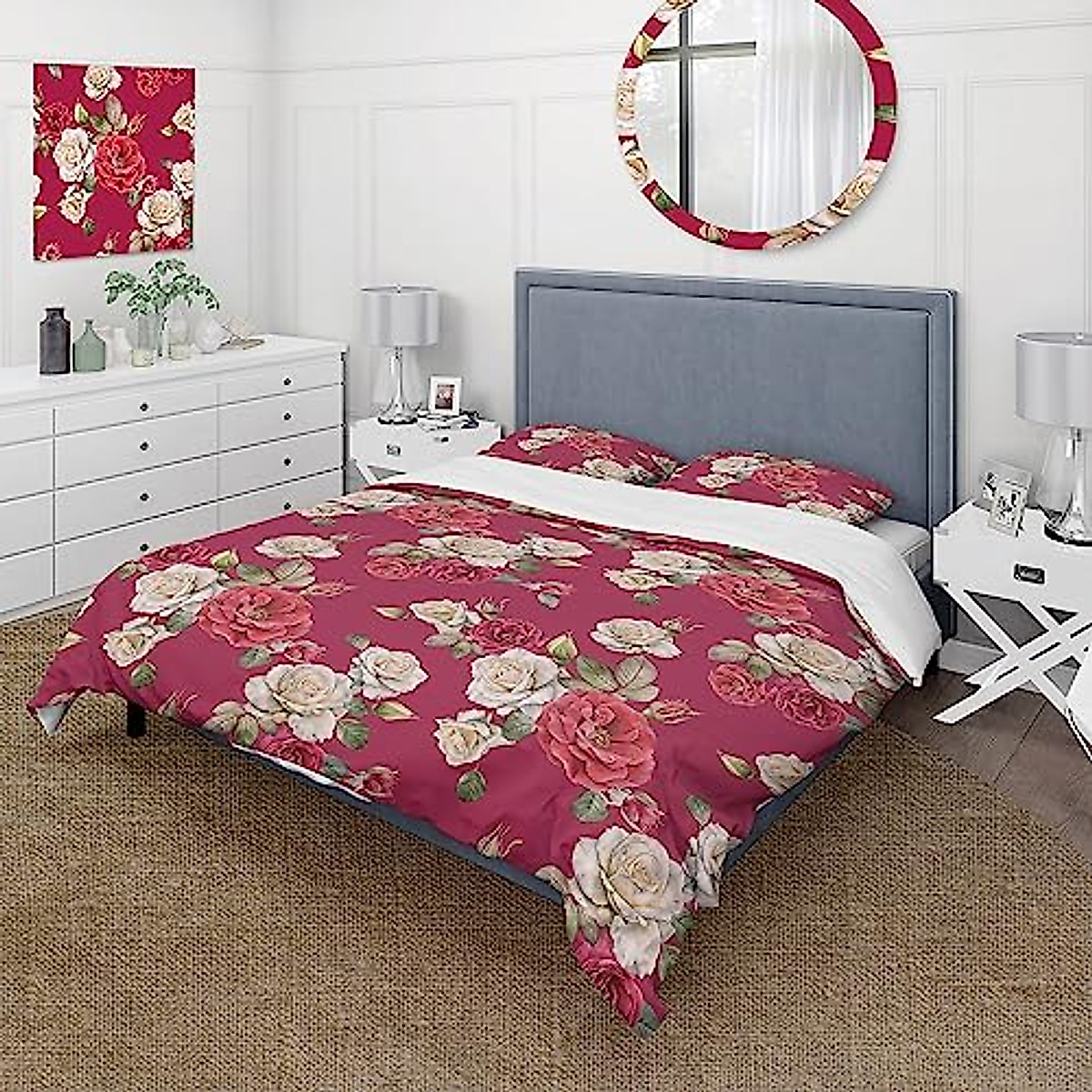 DESIGN ART Designart 'White Roses Pattern On Red Background' Traditional Duvet Cover Set King