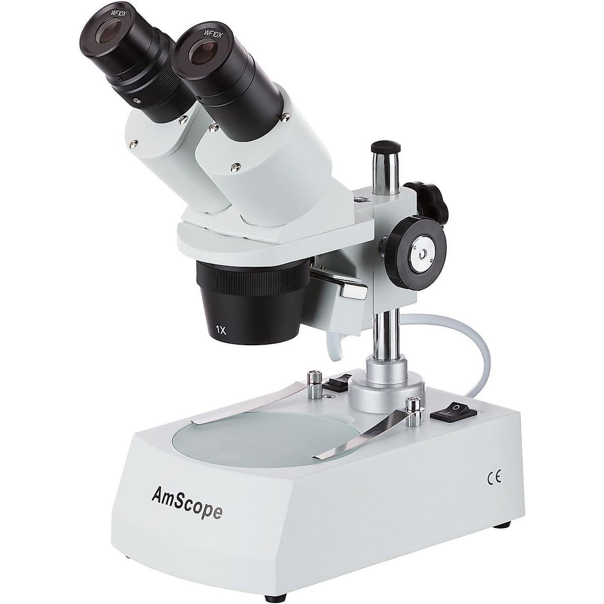AmScope SE305R-P-LED Forward-Mounted Binocular Stereo Microscope, WF10x Eyepieces, 10X and 30X Magnification, 1X and 3X Objectives, Upper and Lower LED Lighting, Reversible Black/White Stage Plate, Pillar Stand, 120V or Battery-Powered