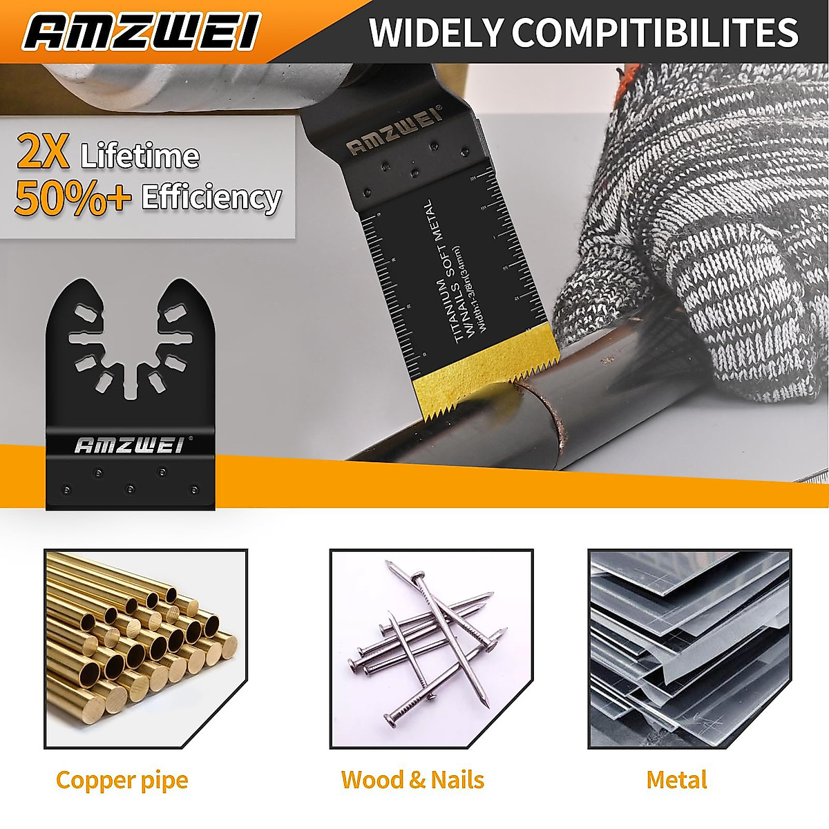 AMZWEI 50PCS Multi Tool Blade Kits, Professional Titanium Oscillating Tool Blades for Metal, Wood, Plastic, Curved Edge Oscillating Saw Blades Compatible with Dewalt Milwaukee Ryobi Rockwell Fein