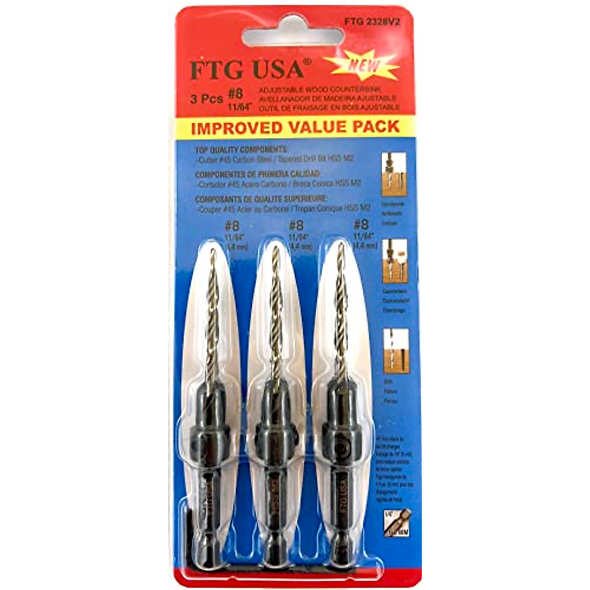 FTG USA Countersink Drill Bit Set 3 Pc #8 (11/64") Countersink Drill Bit with Tapered Drill Bits, Quick Change Hex Shank Countersink Bit, 1 Hex Wrench, Counter Sinker Drill Bit Set for Woodworking