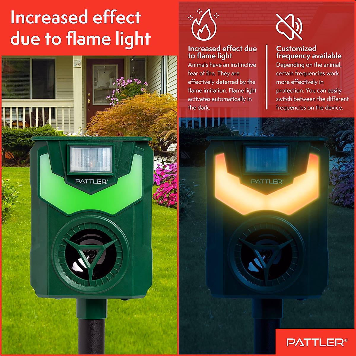 PATTLER® Animal Repellent Outdoor with Flame Light to Scare Animals | Deer and Rabbit Repellent with Motion Sensor up to 10m Range | Ultrasonic Deer Repellent | Rabbit Repellent Outdoor | | 1 Pack