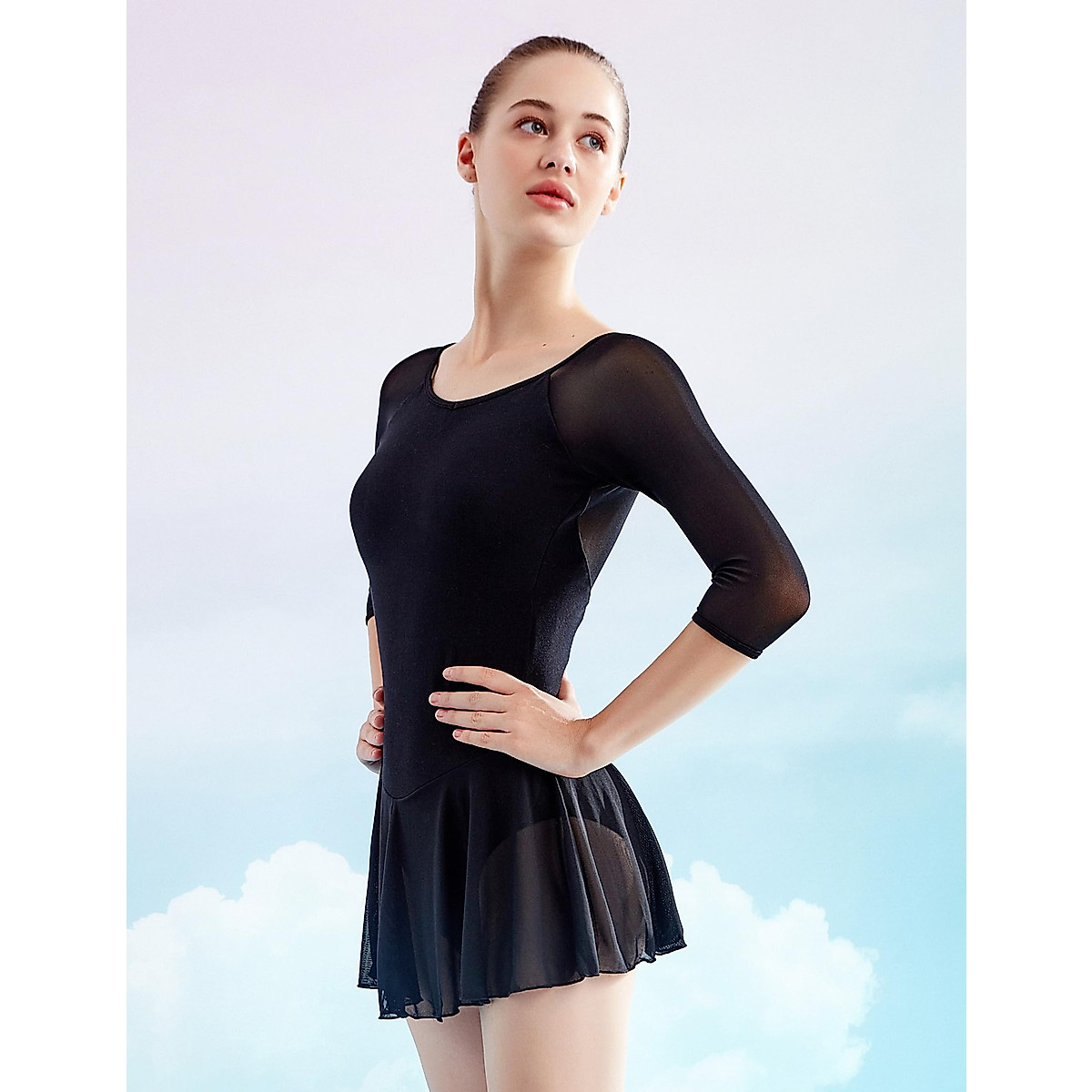 Daydance 3/4 Sleeve Black Teen Girls Ballet Leotards Skirted Dance Costumes for Ballerina